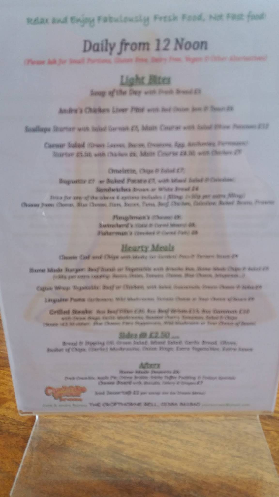 Menu at Cropthorne Bell Inn restaurant, Cropthorne