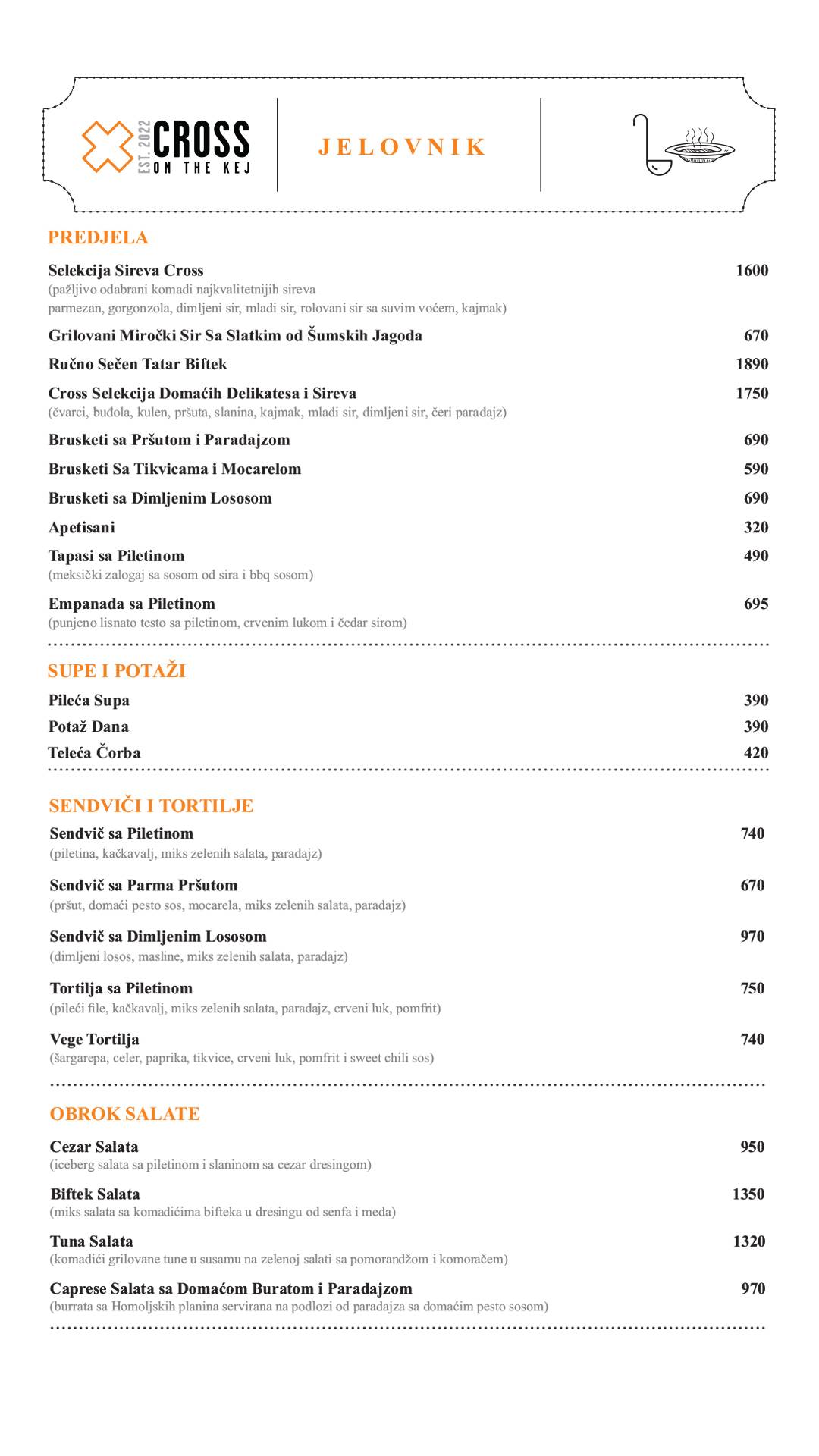 Menu at Cross on the Kej restaurant, Belgrade