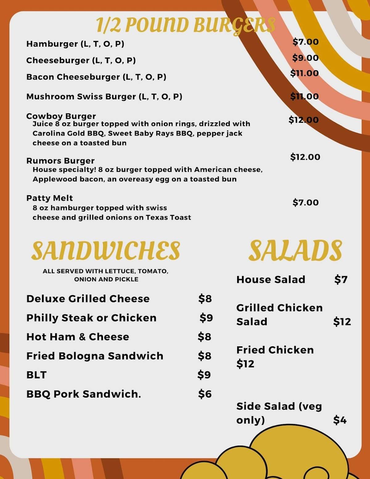Menu at Rumors Bar & Grill, Crossville