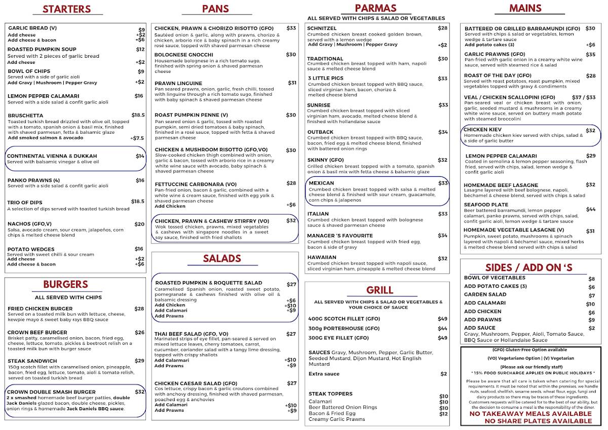 Menu at Crown Hotel Lilydale pub & bar, Lilydale