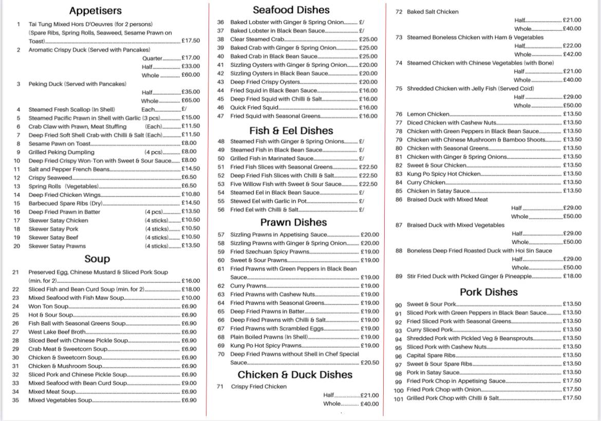 Menu at Tai Tung restaurant, Croydon, 544 Purley Way
