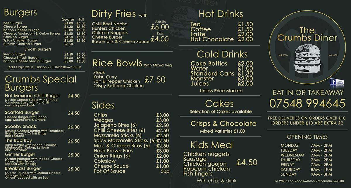 Menu at The Crumbs Diner cafe, Mexborough