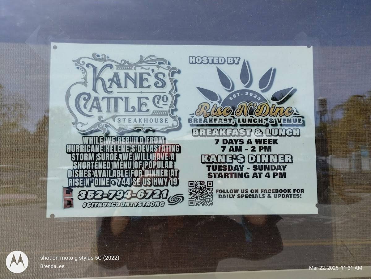 Menu at Kane's Cattle Co. steakhouse, Crystal River