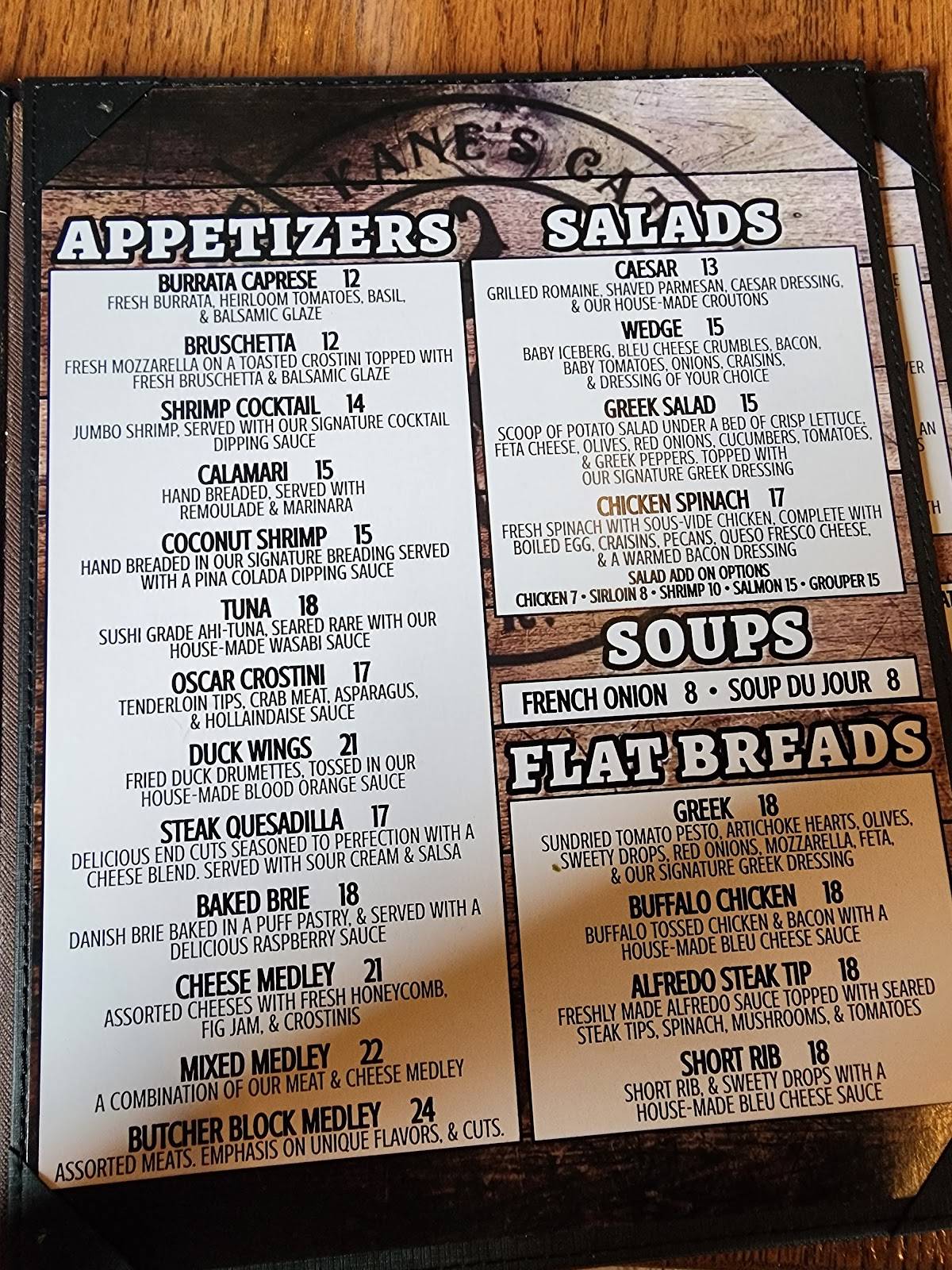 Menu at Kane's Cattle Co. steakhouse, Crystal River