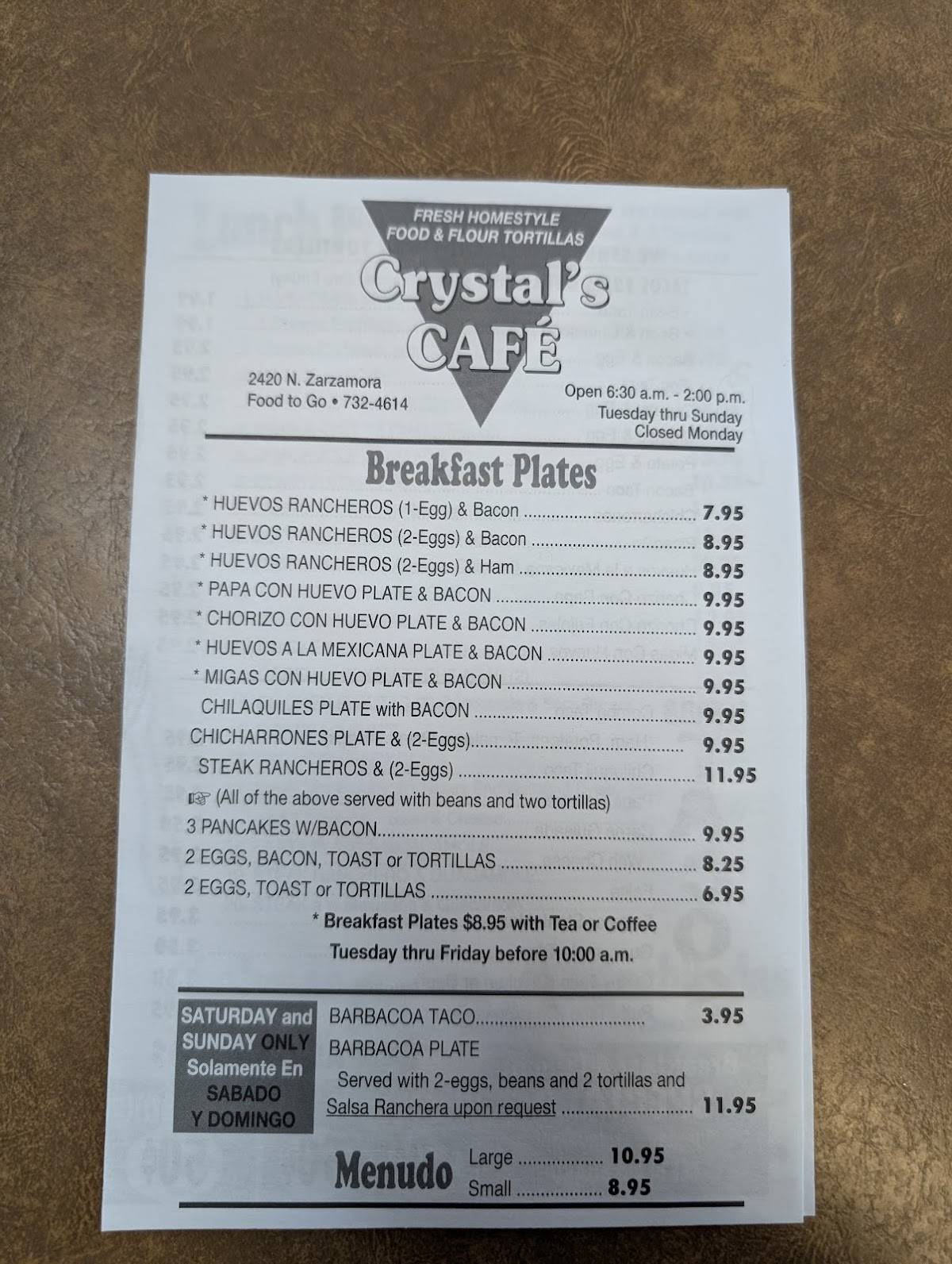 Menu at Crystal's Cafe, San Antonio, N Zarzamora St