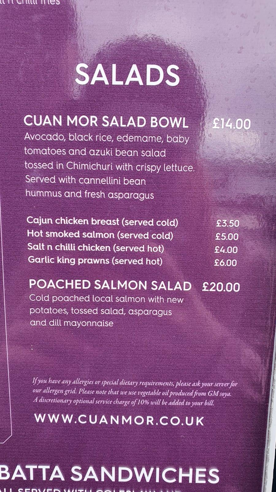 Menu at Cuan Mor restaurant, Oban