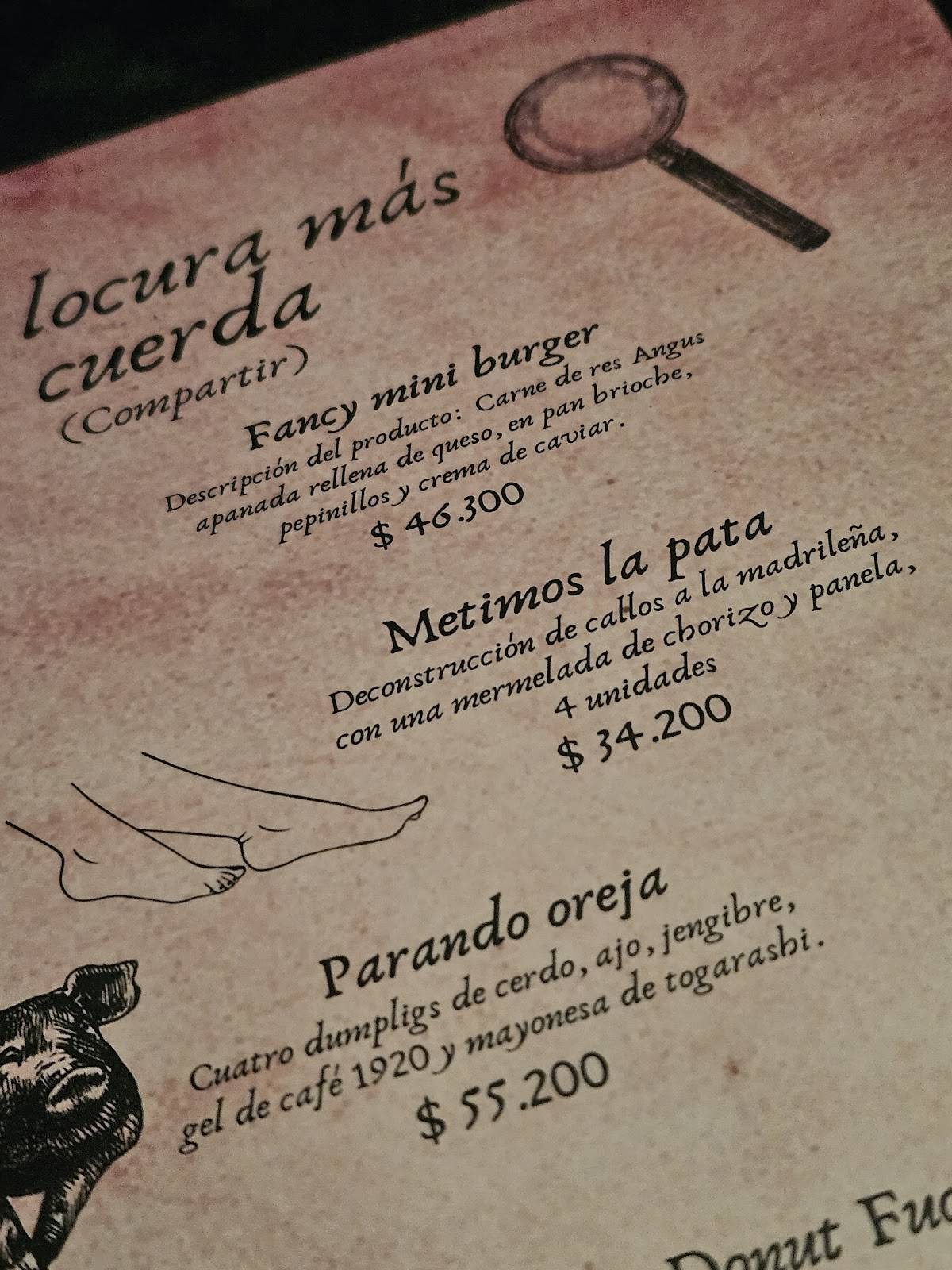 Carta del restaurante Cuerdo, Bogotá