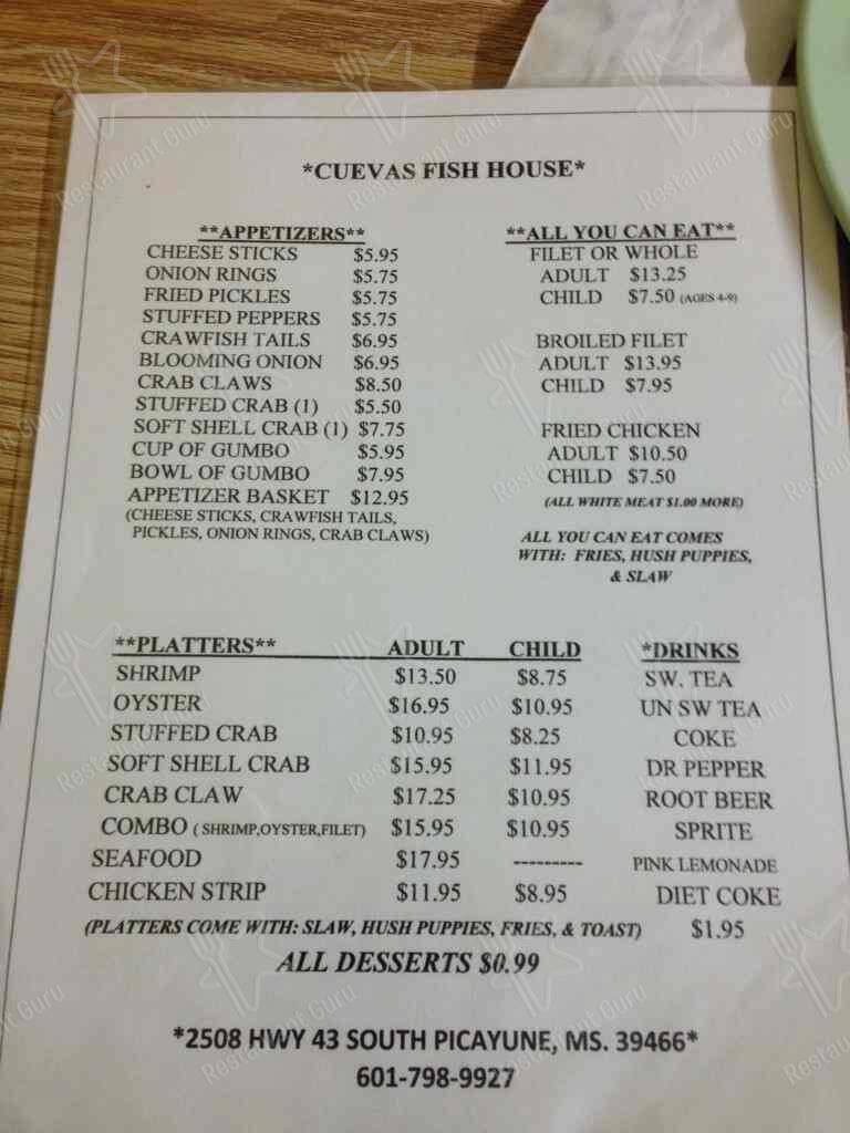 Menu at Cuevas Fish House restaurant, Picayune