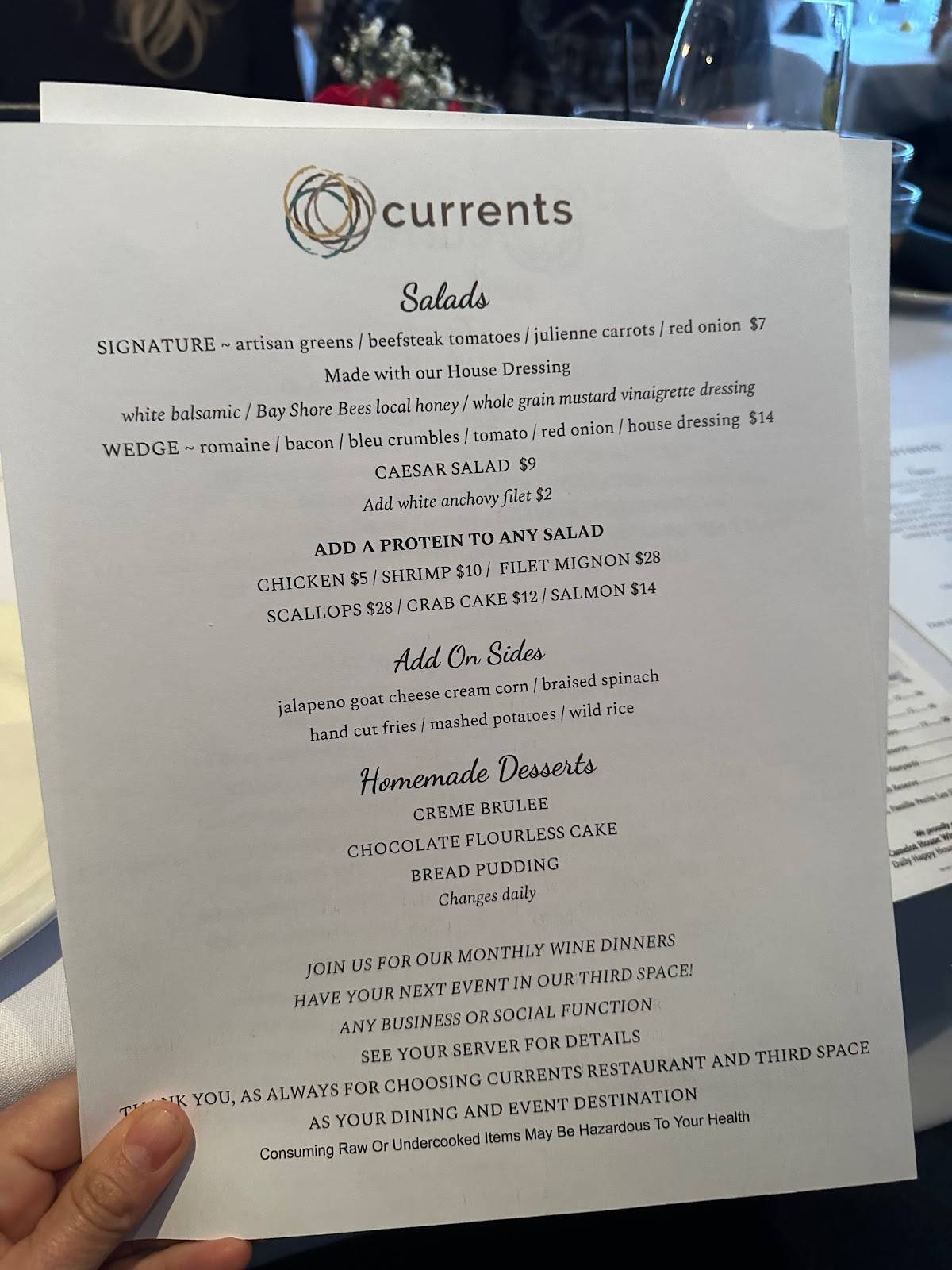Menu at Currents Exquisite Cuisine & Historic Event Hall pub & bar ...