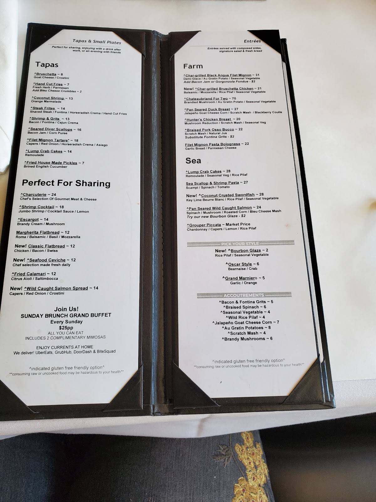 Menu at Currents Exquisite Cuisine & Historic Event Hall pub & bar ...