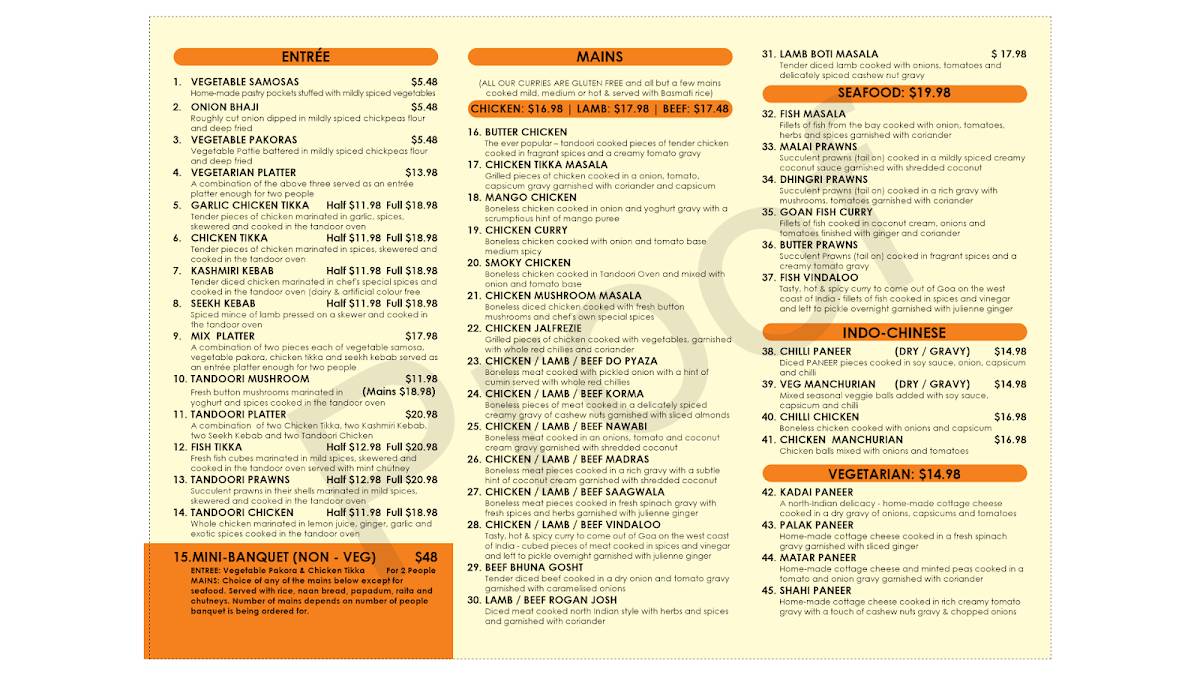 Carta de Curry Durbar Indian Restaurant & Bar, Hamilton