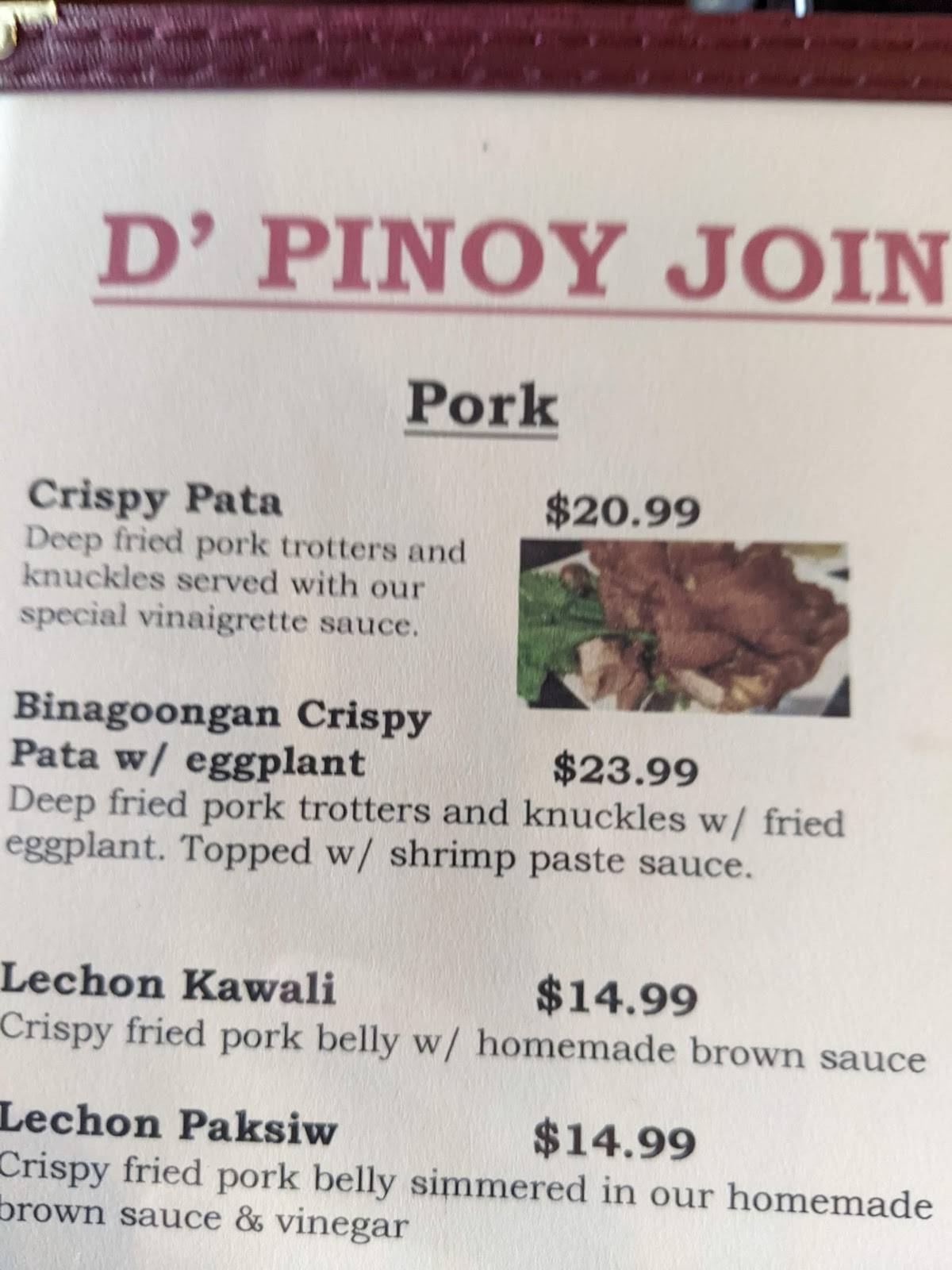 Menu at D' Pinoy Joint Flamingo restaurant, Las Vegas, W Flamingo Rd