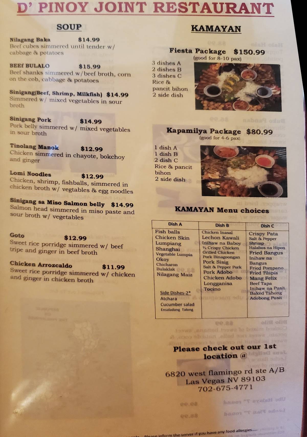 Menu at D' Pinoy Joint Flamingo restaurant, Las Vegas, W Flamingo Rd