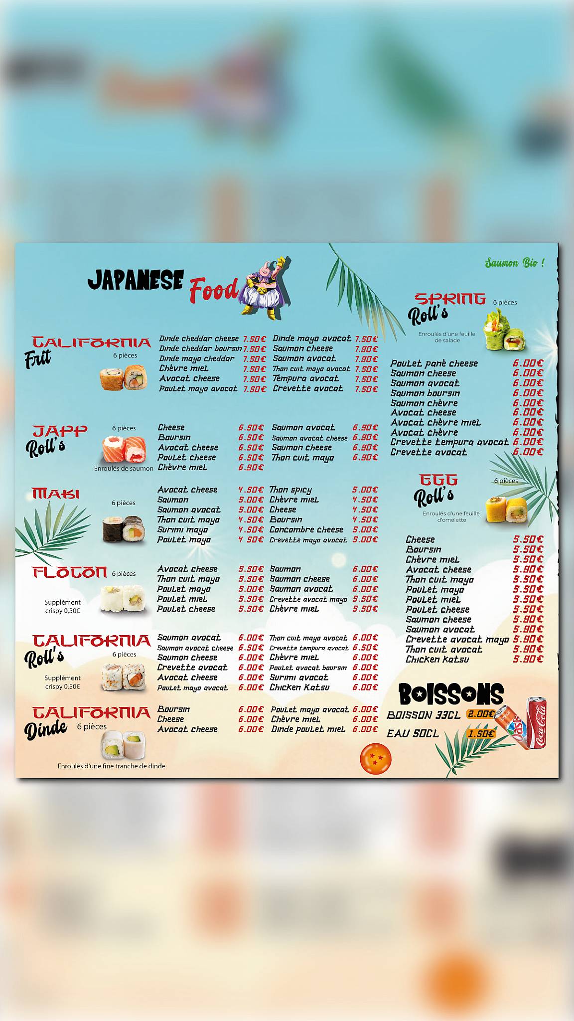 Menu au DBZ Sushi restaurant, Taverny