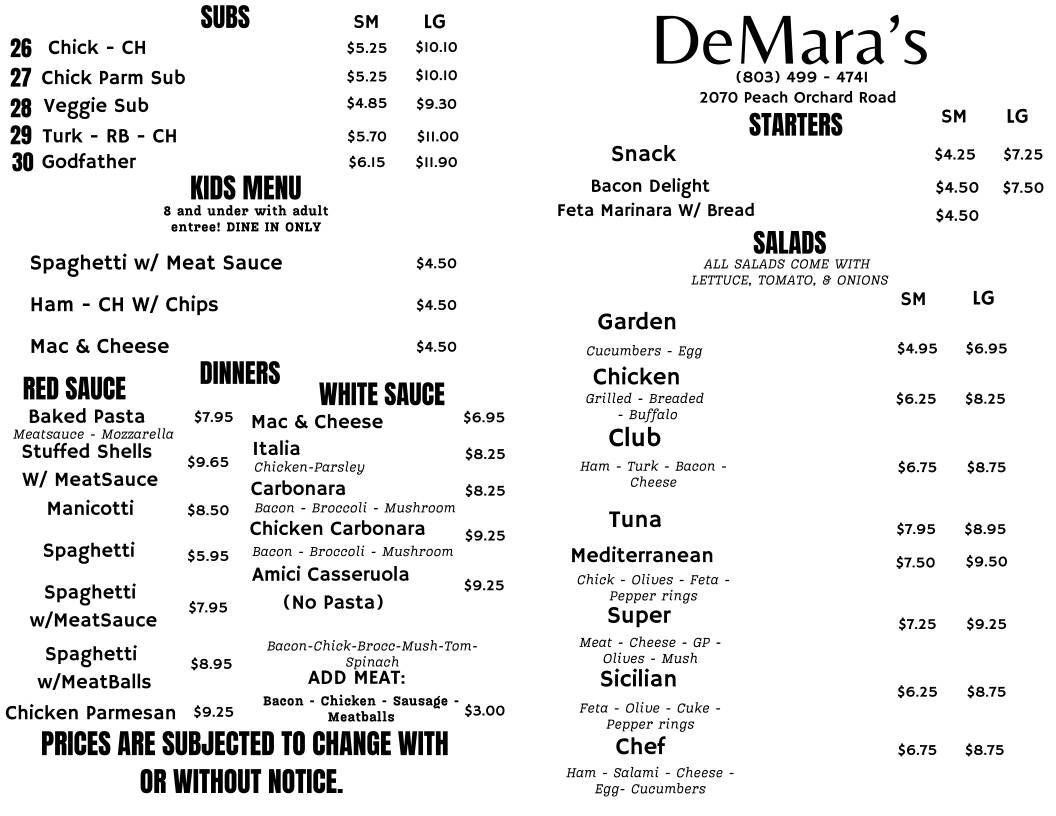 Menu at DeMara's Italian Restaurant, Sumter