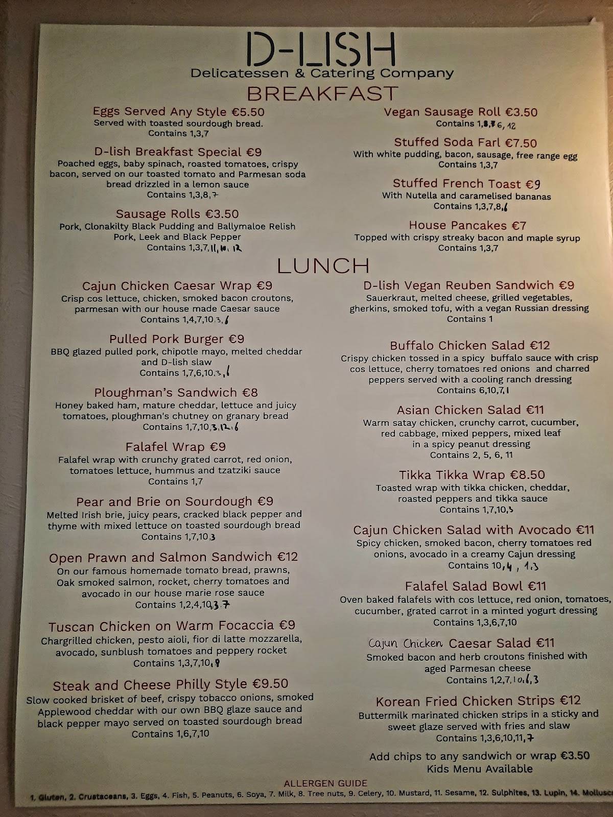 Menu at D'Lish Catering cafe, Dundalk