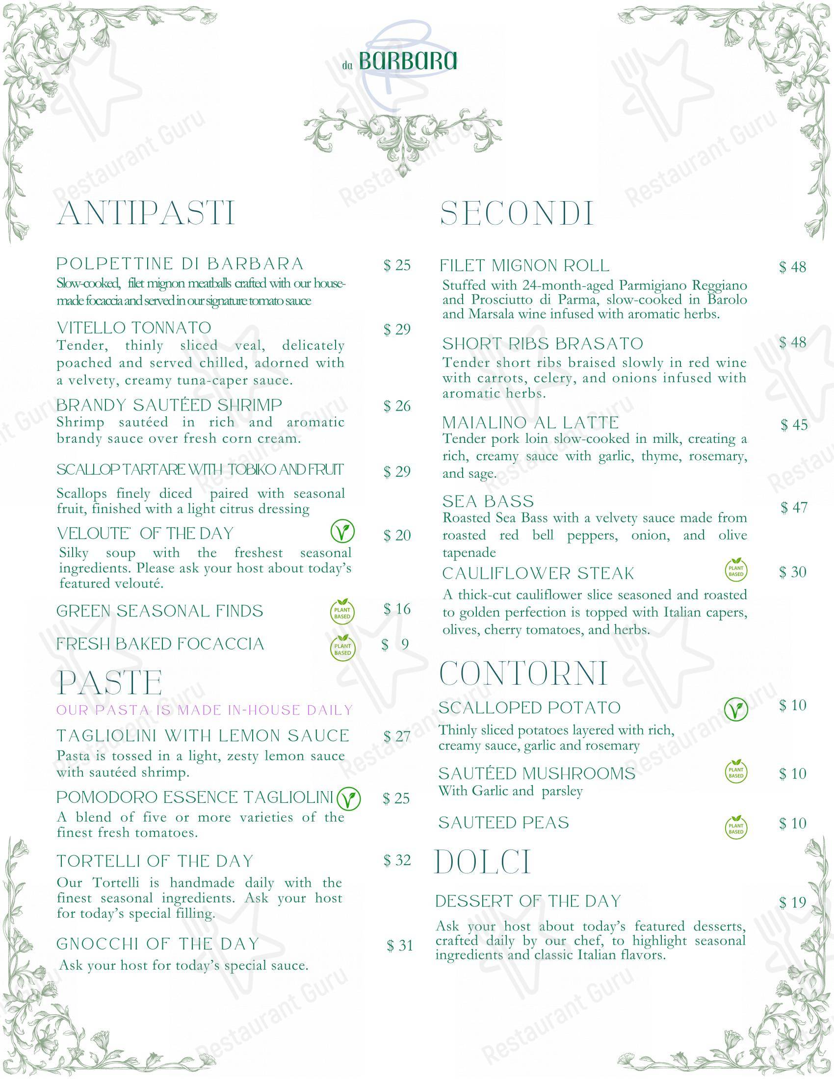 Menu at Da Barbara, Los Angeles