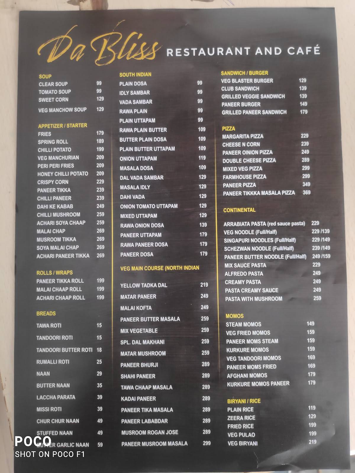 Menu at Da Bliss, Delhi