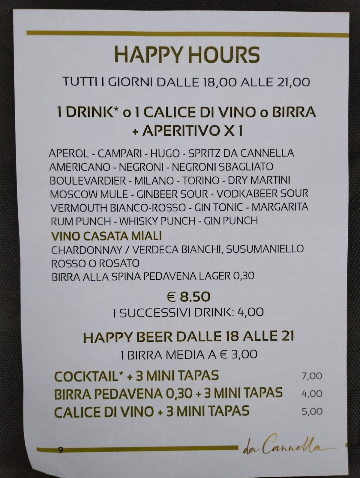 Menu da Da Cannella Aperitivi pub & bar, Bari
