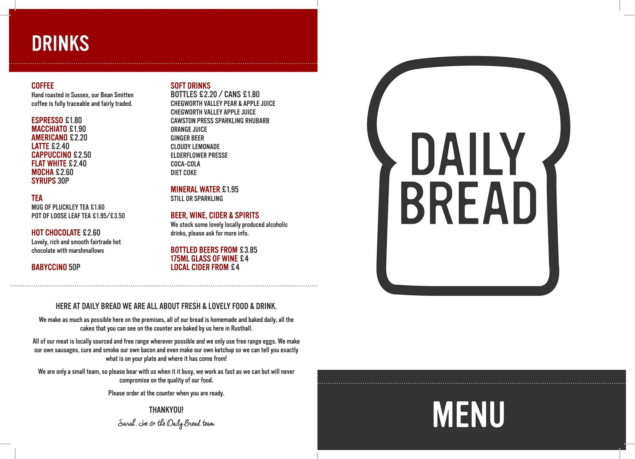 Menu at Daily Bread cafe, Royal Tunbridge Wells, 27-29 Rusthall High St