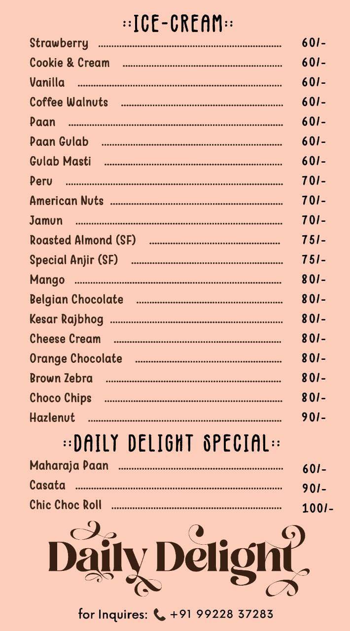 Menu at Daily Delight, Dahanu