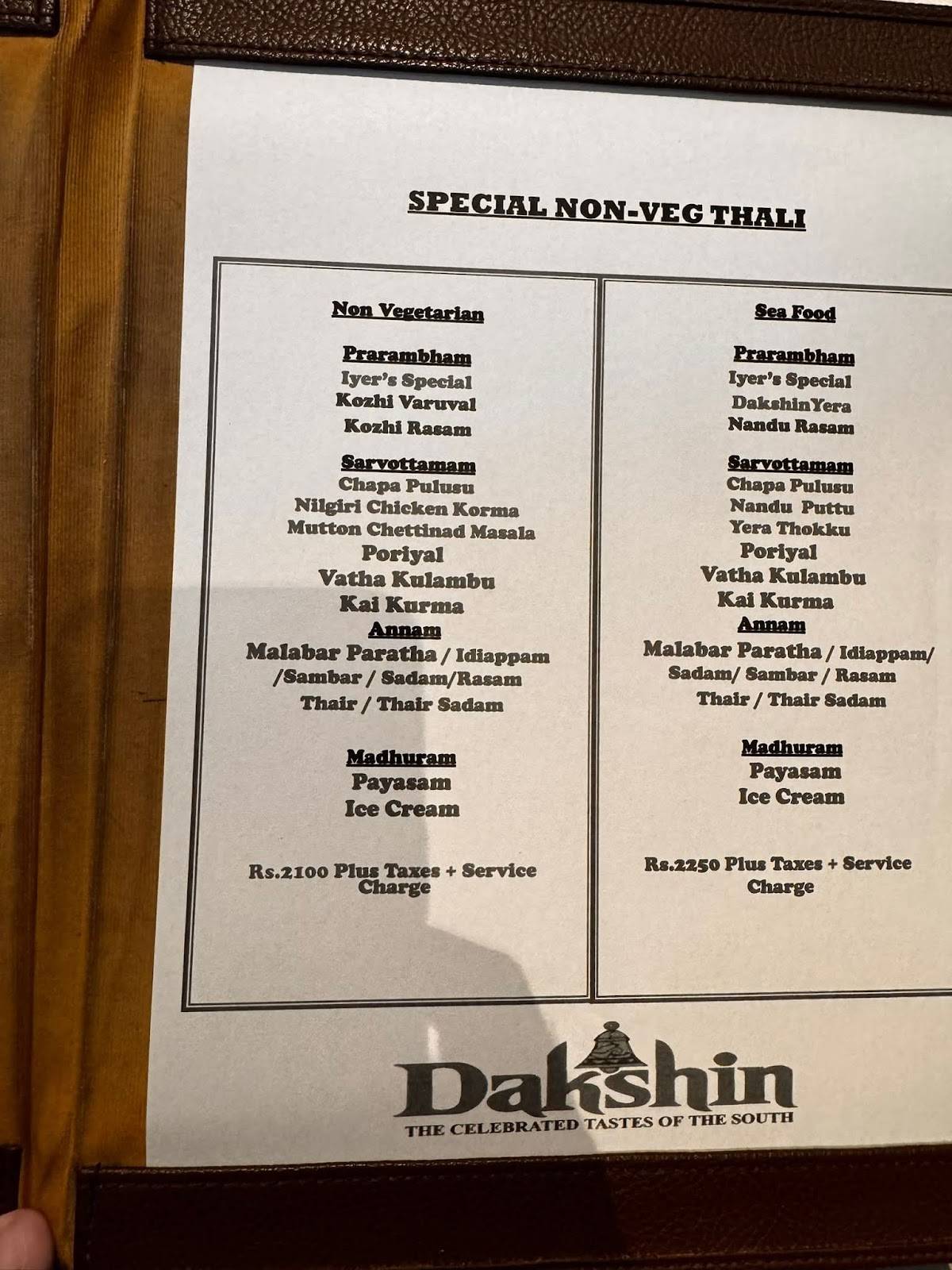 Menu at Dakshin, Chennai, New no 552