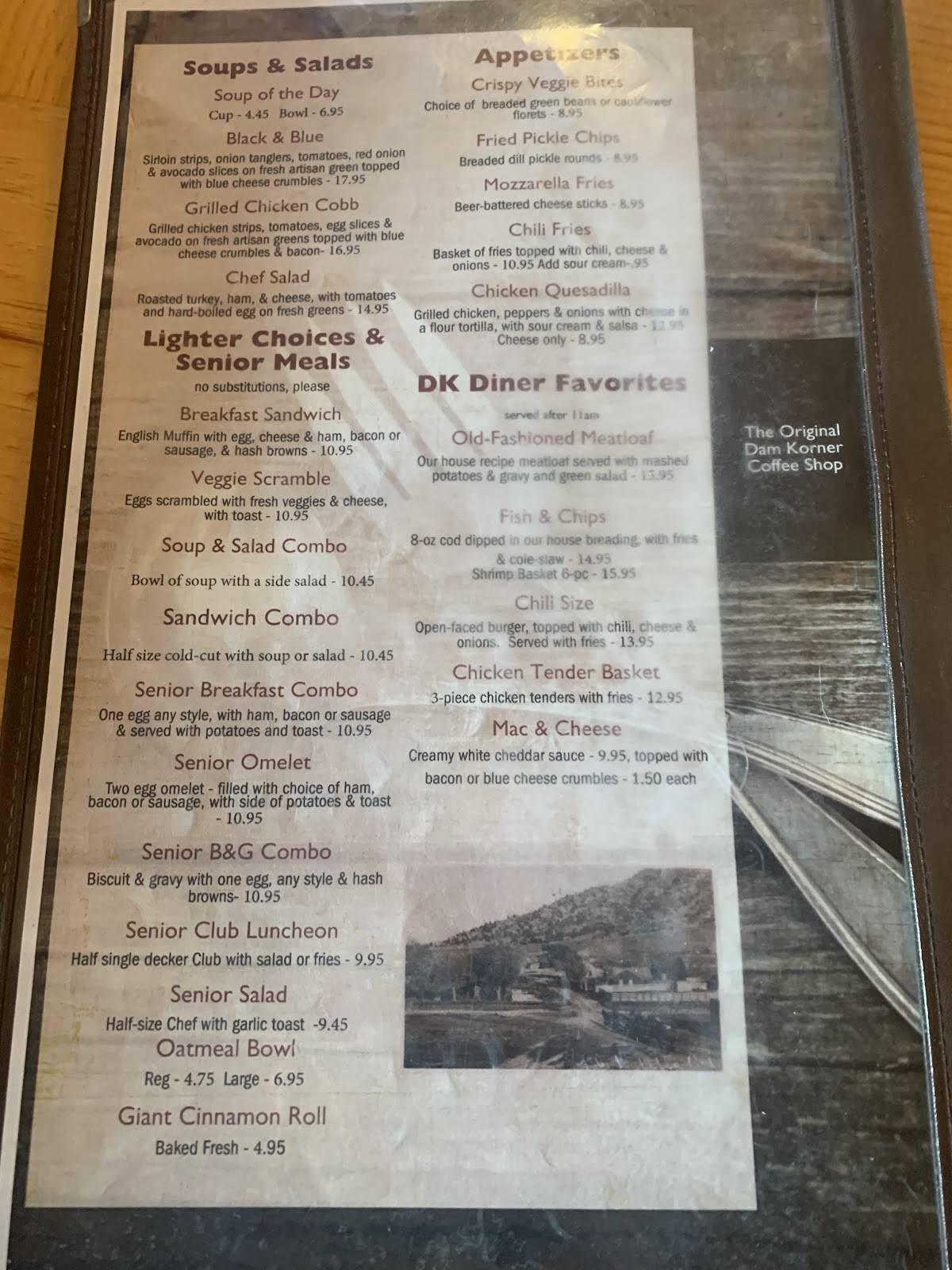 Carta del café Dam Korner, Lake Isabella