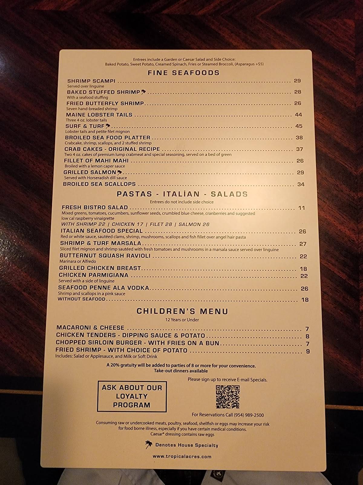 Menu at Tropical Acres Steakhouse, Fort Lauderdale, Griffin Rd