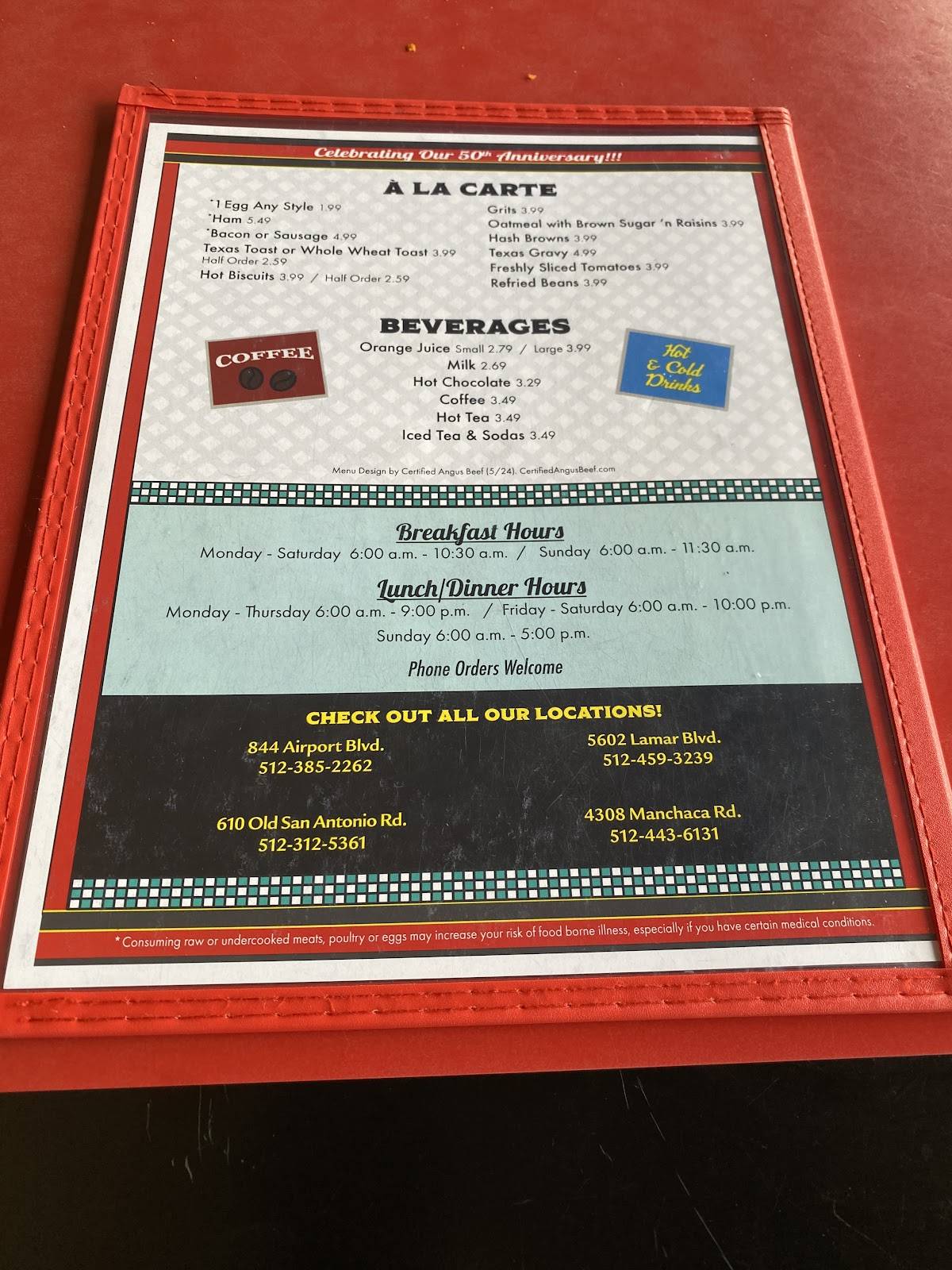 Menu at Dan's Hamburgers restaurant, Austin, 844 Airport Blvd