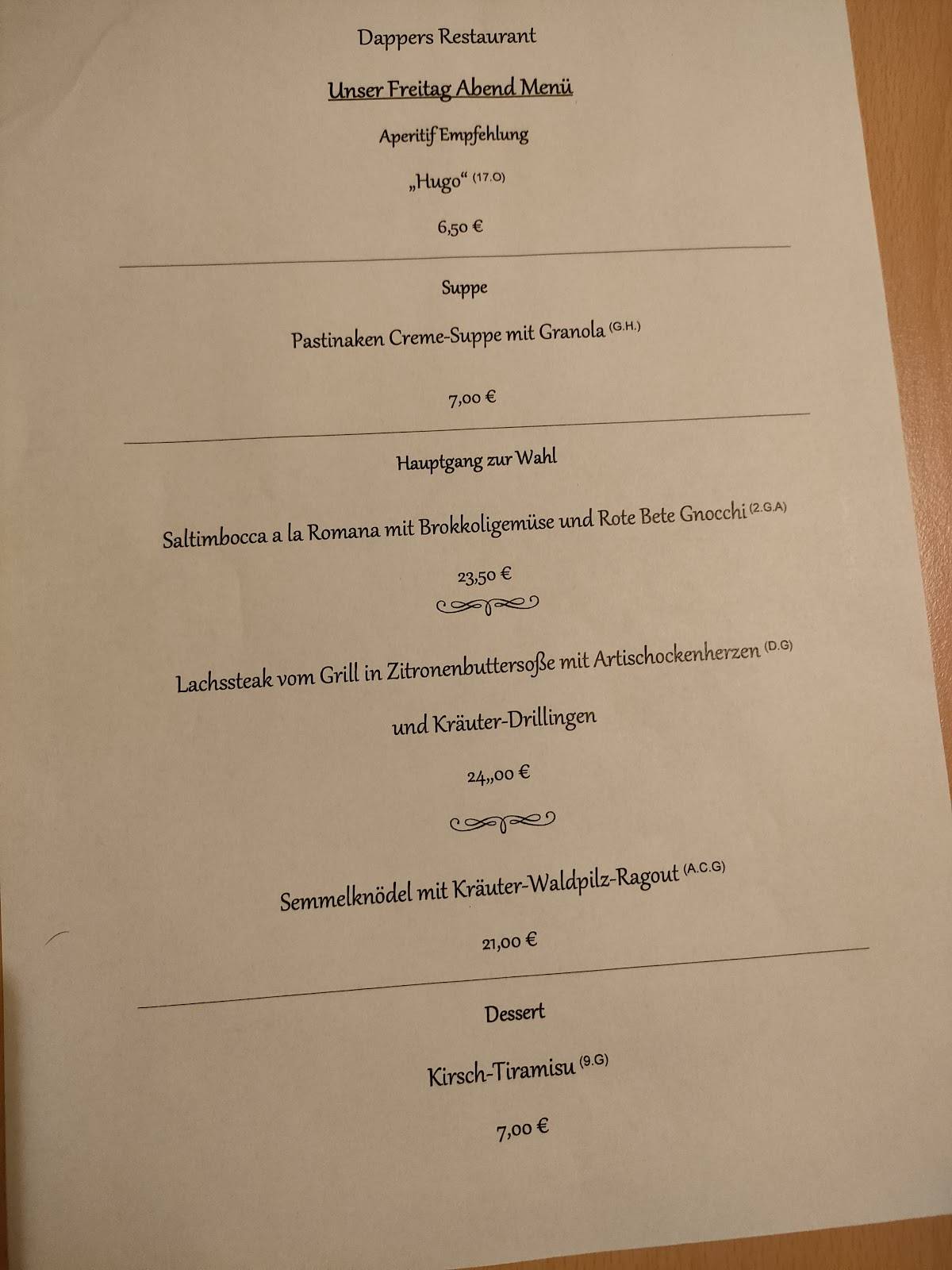 Speisekarte von Dappers Restaurant & Lounge, Bad Kissingen