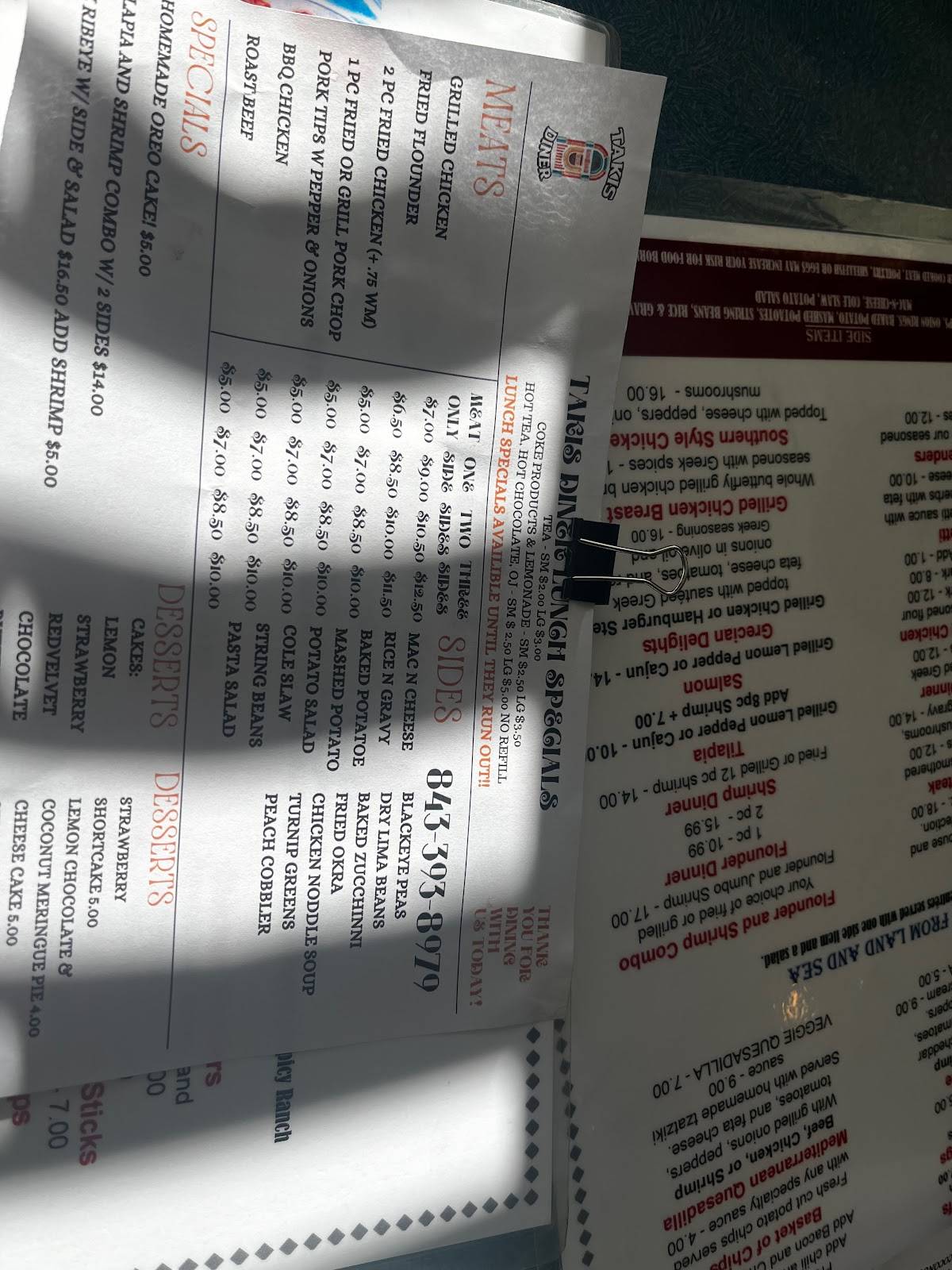 Menu at Takis Diner restaurant, Darlington