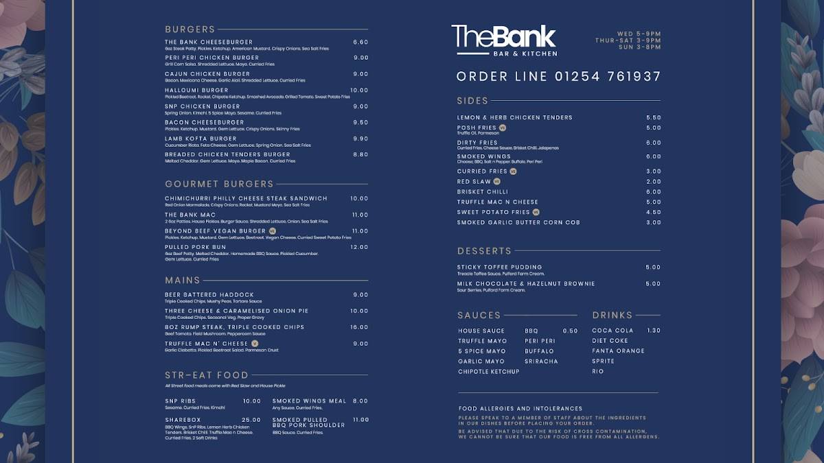 Menu at The Bank Bar & Kitchen, Darwen