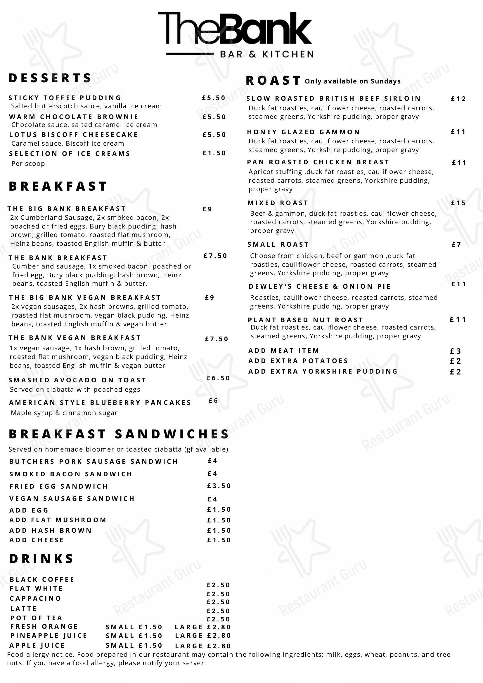 Carta de The Bank Bar & Kitchen, Darwen