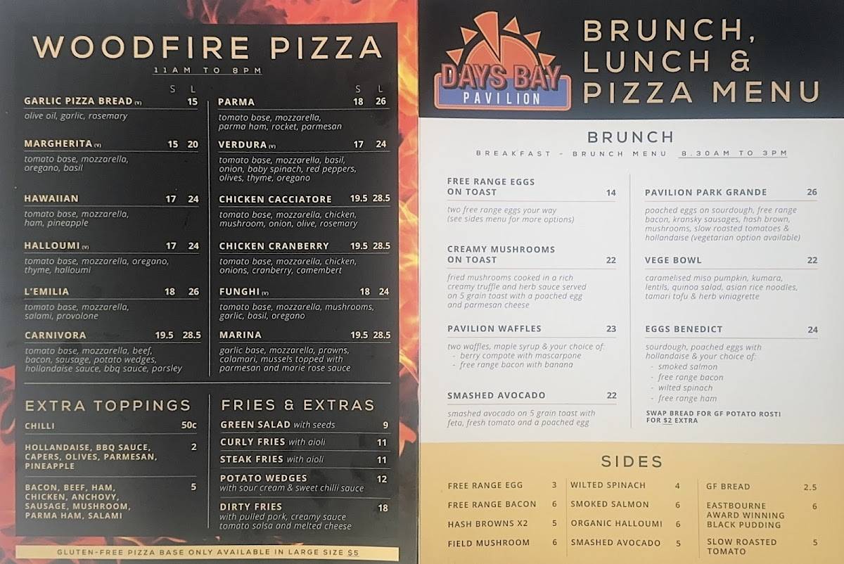Menu at Days Bay Pavilion pizzeria, Lower Hutt
