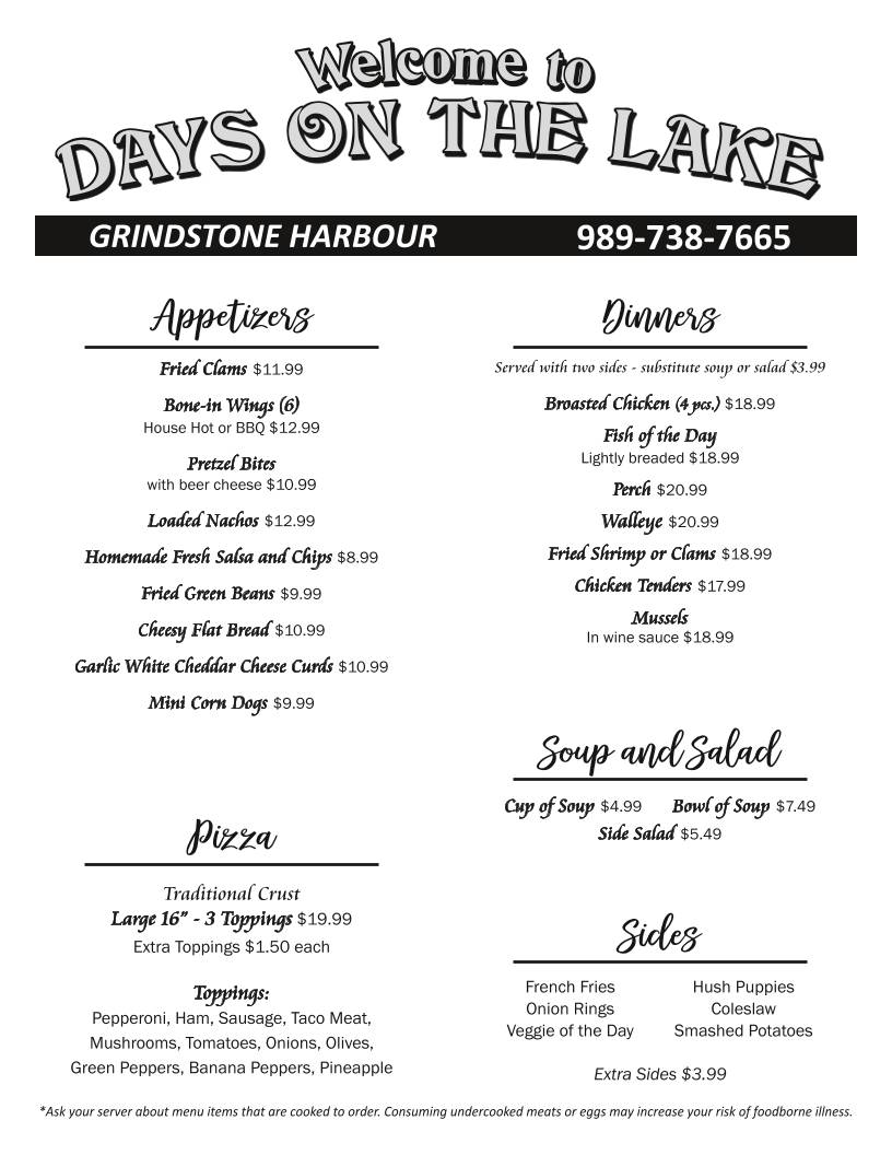 Menu at Days On The Lake restaurant, Grind Stone City, Pointe Aux ...