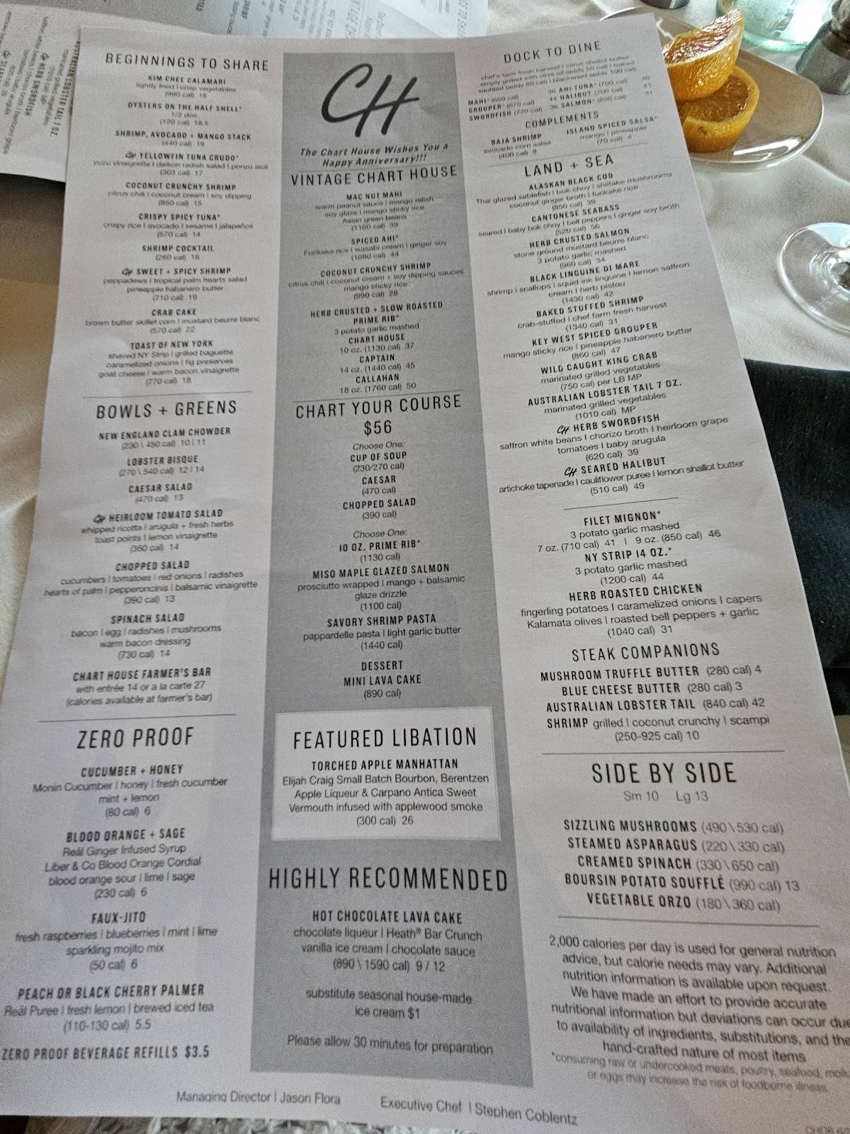 Menu at Chart House steakhouse, Daytona Beach, Marina Point Dr
