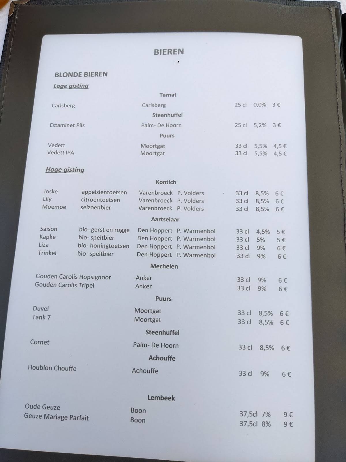 Menu bij De Ganzenpoel restaurant, Kontich
