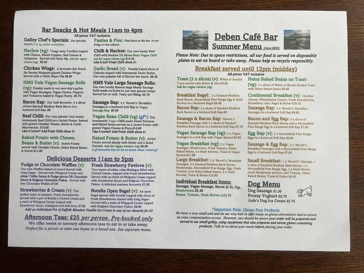 Menu at Deben Cafe Bar on HMS Vale, Melton Boatyard, Woodbridge