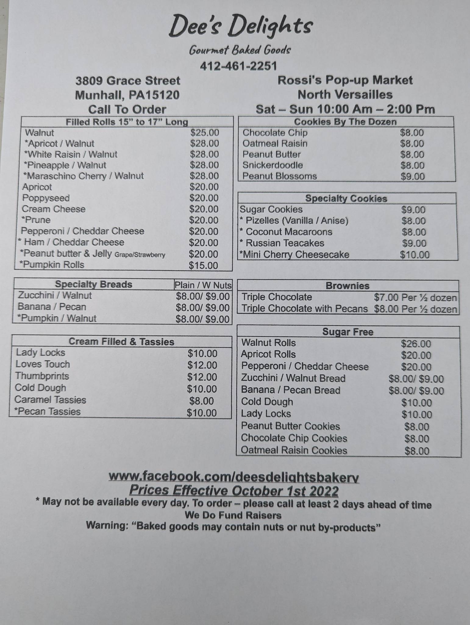 Menu at Dee's Delights, Homestead