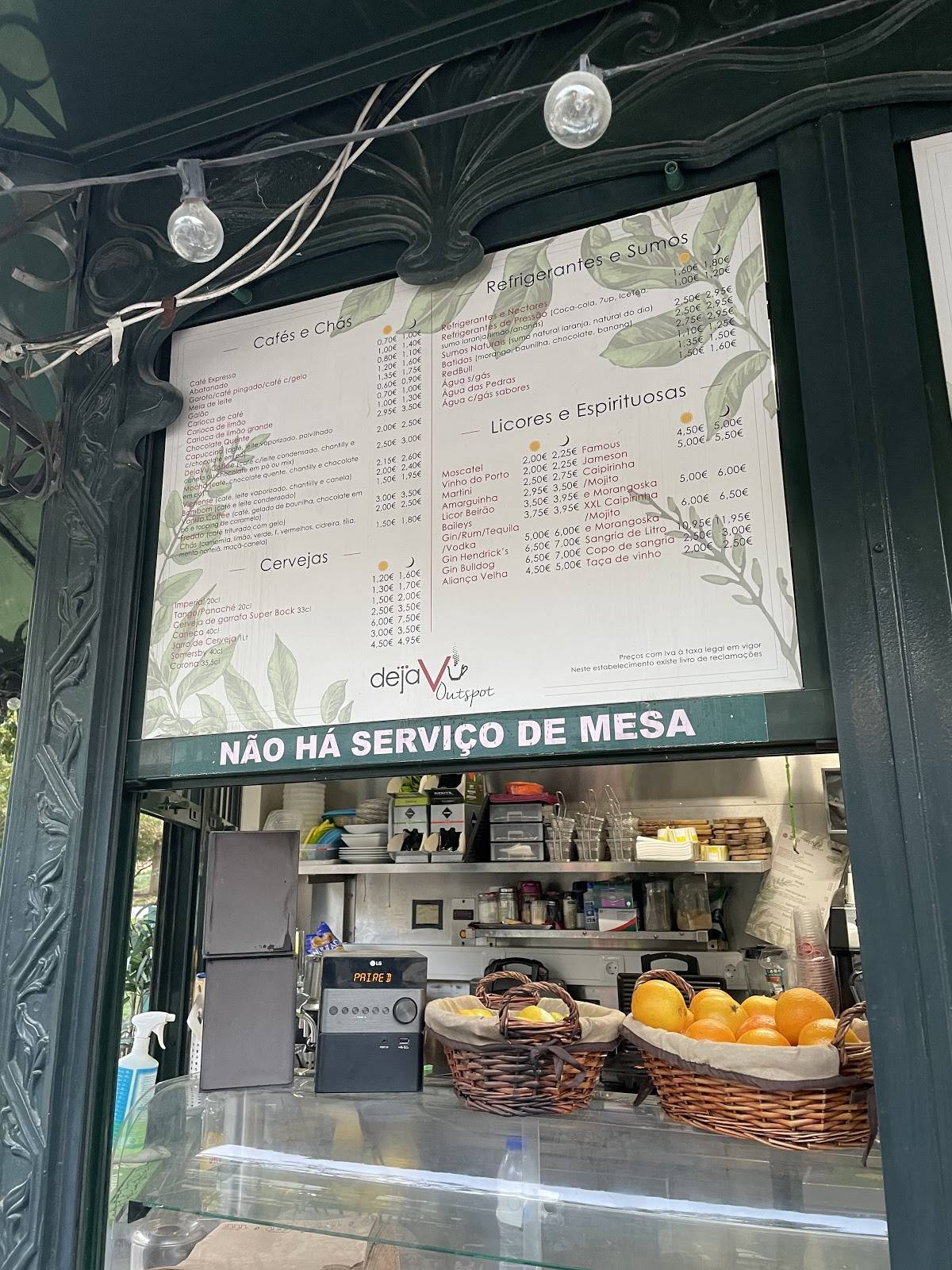 Menu at Deja vu Outspot cafe, Lisbon