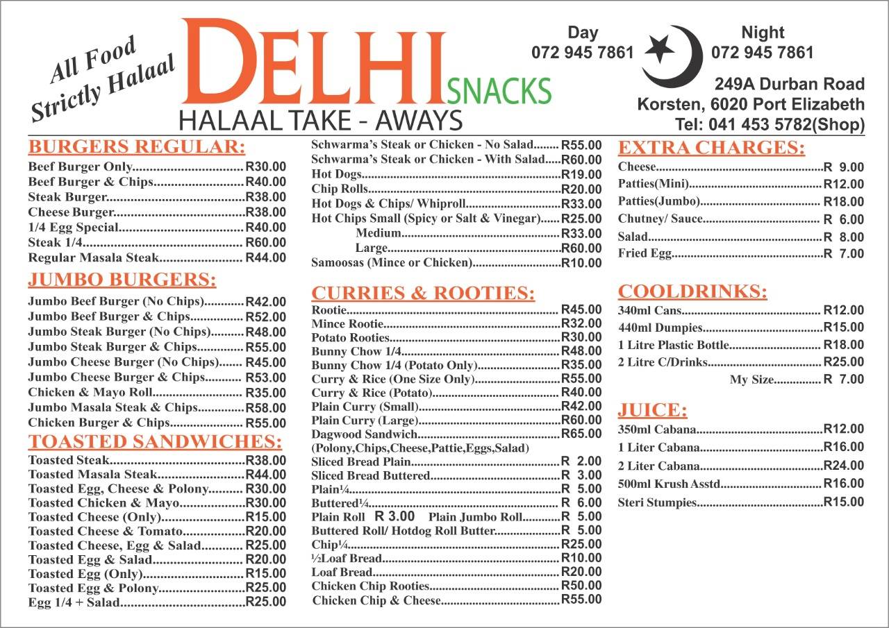 Menu at Delhi Snacks restaurant, Port Elizabeth