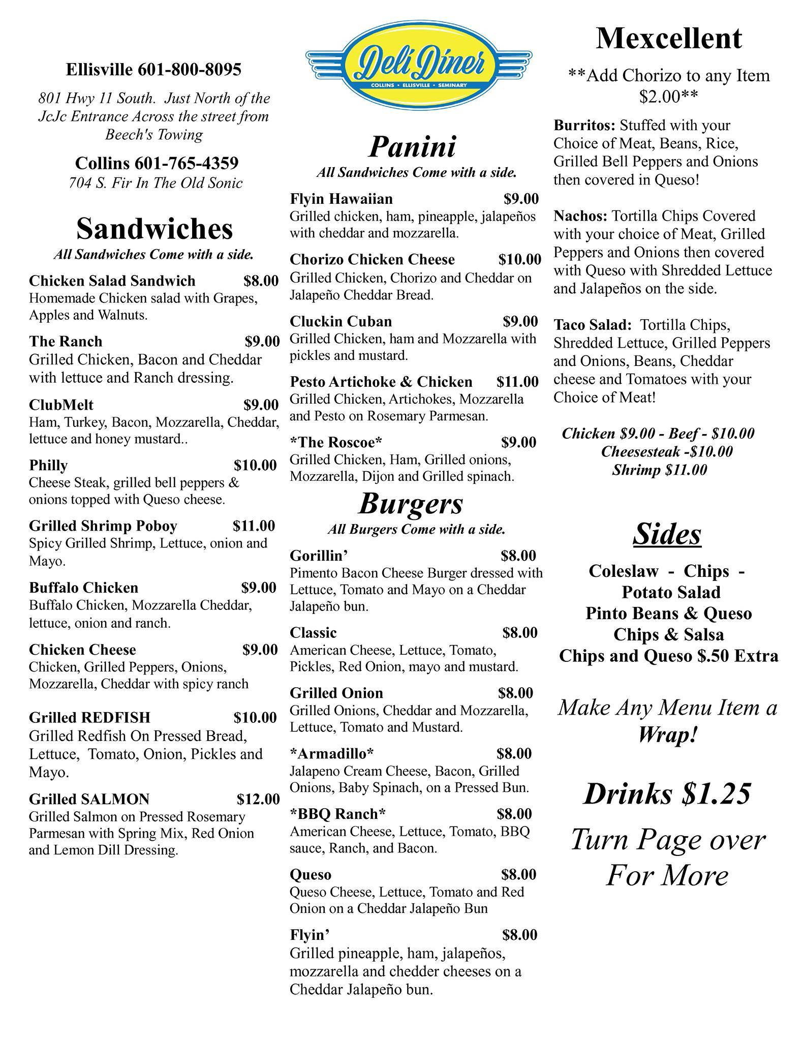 Menu at Deli Diner cafe, Collins
