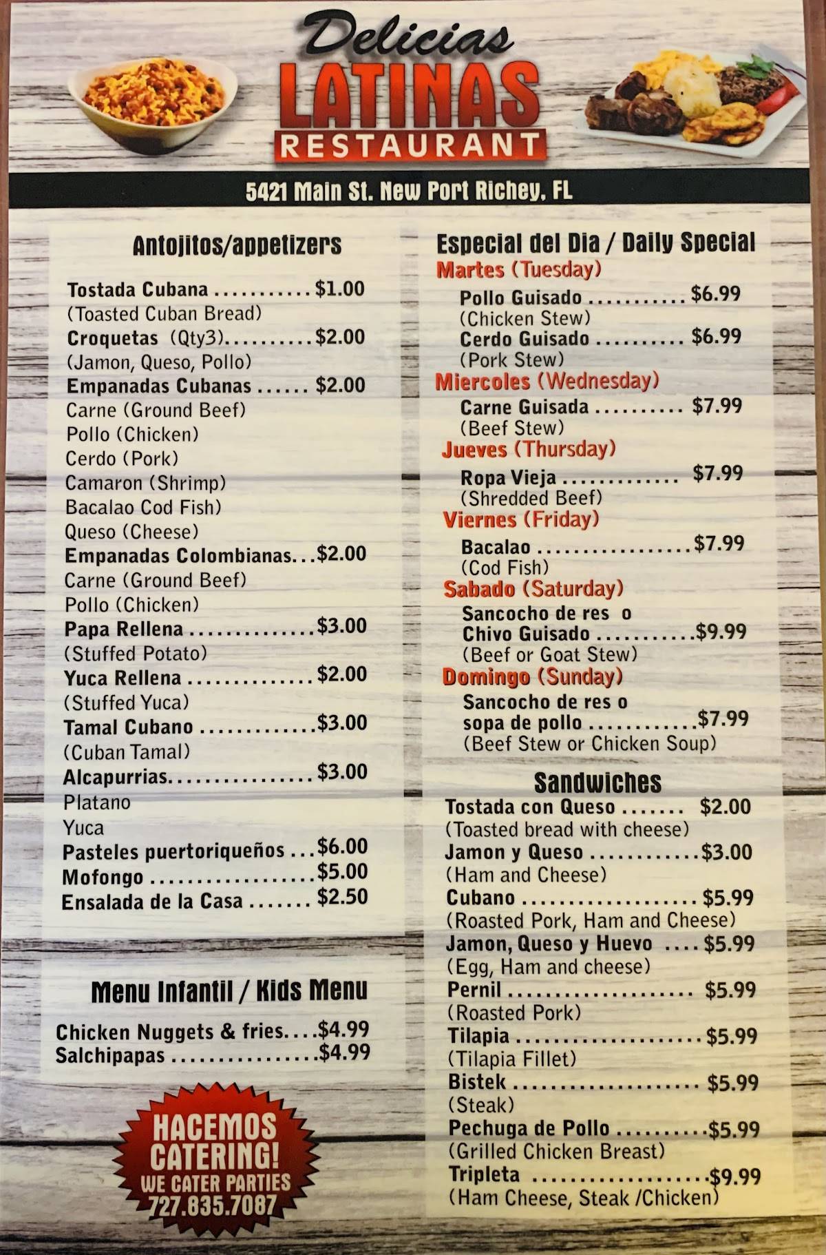 Menu at Delicias Latinas Restaurant, New Port Richey
