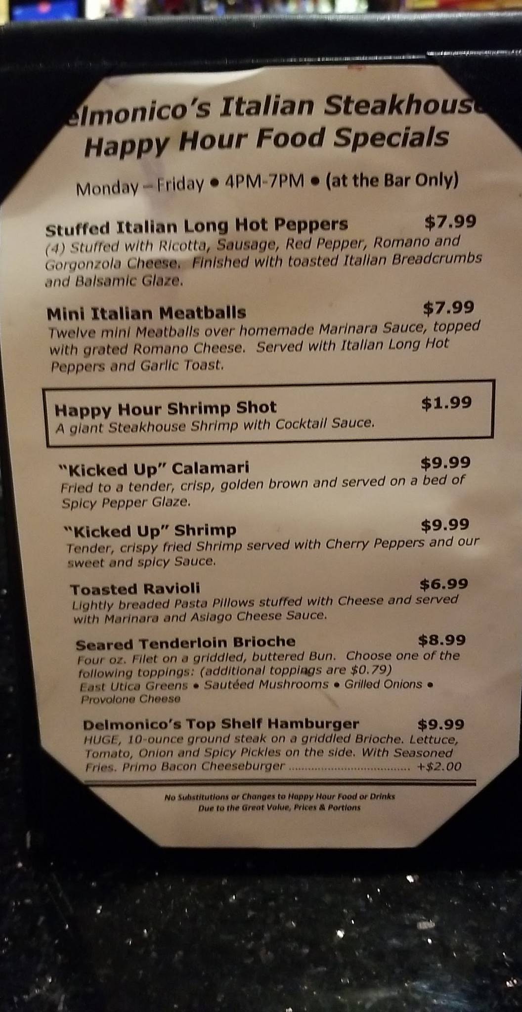 Menu at Delmonico's Italian Steakhouse, Rochester