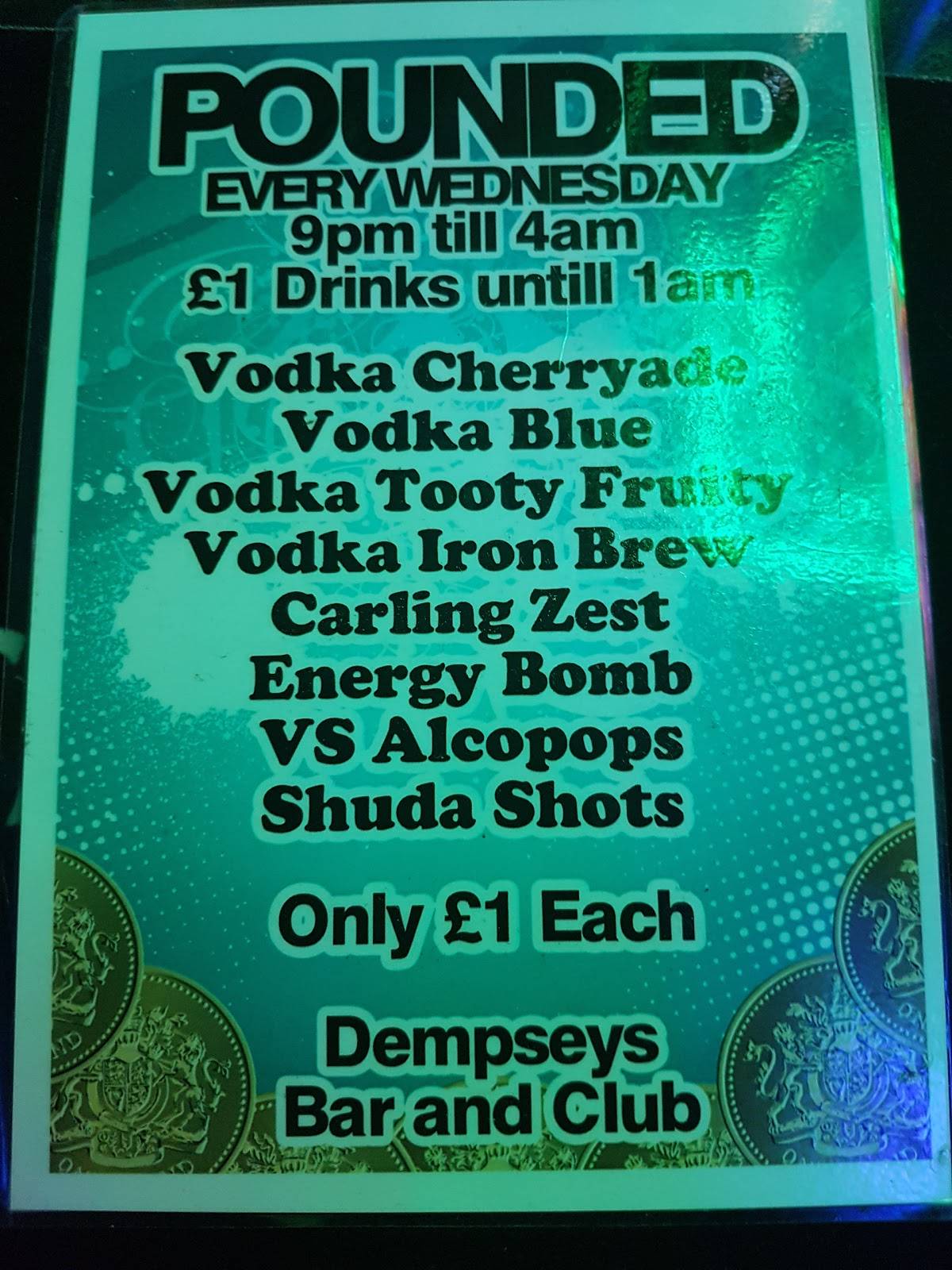 Menu at Dempseys Bar and Club, Sheffield, 1 Hereford St