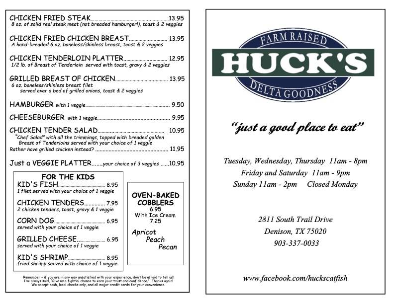 Menu at Huck's Catfish restaurant, Denison