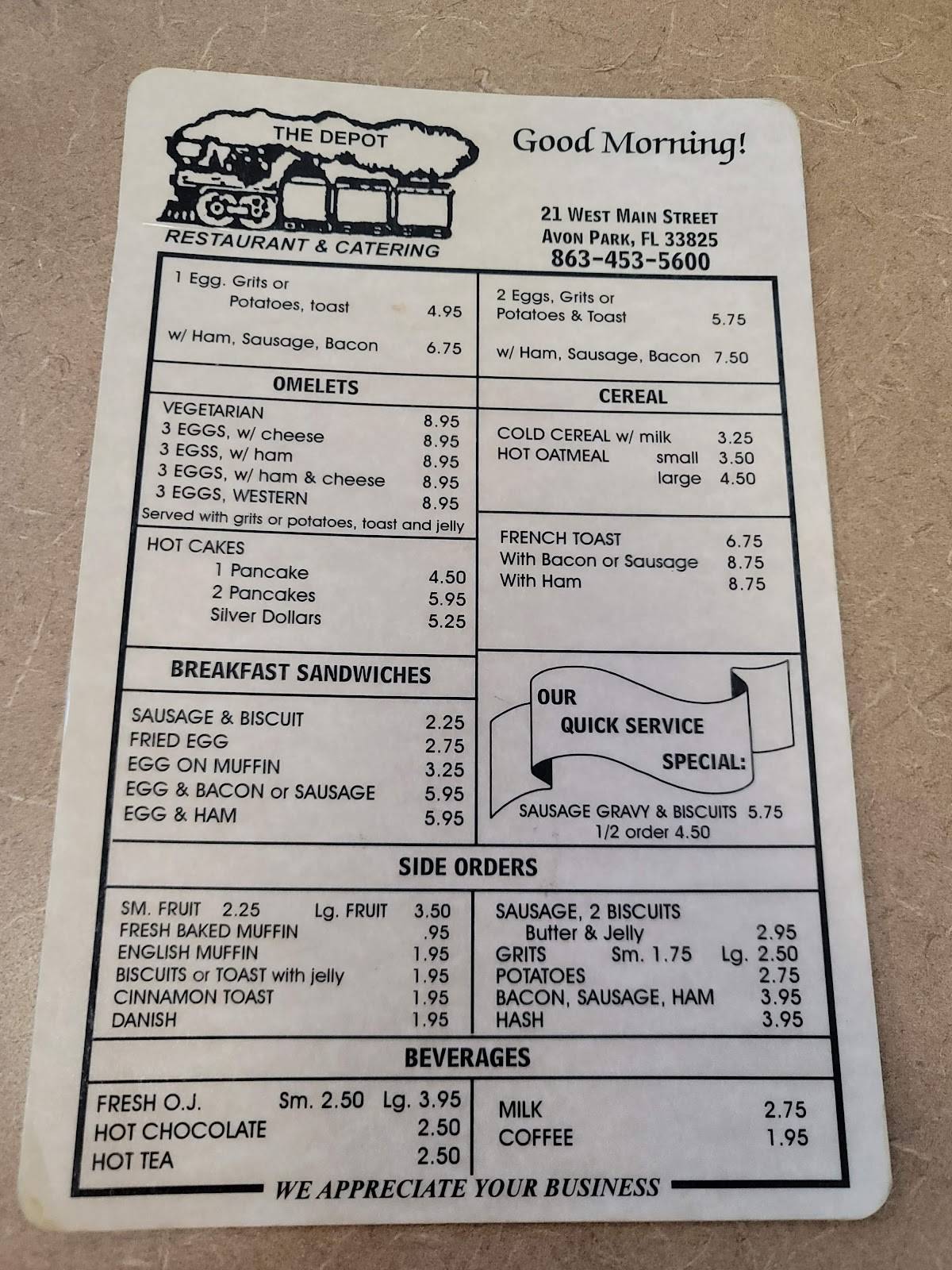 Menu at Depot Restaurant & Catering, Avon Park, 21 W Main St