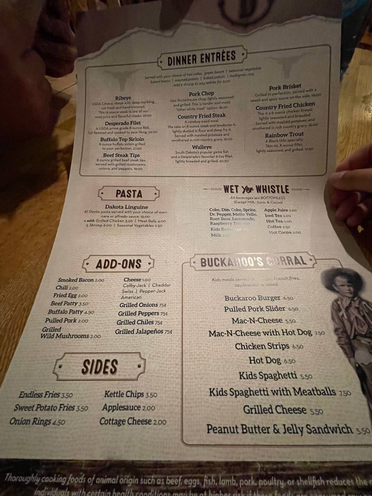Menu at Desperados steakhouse, Hill City
