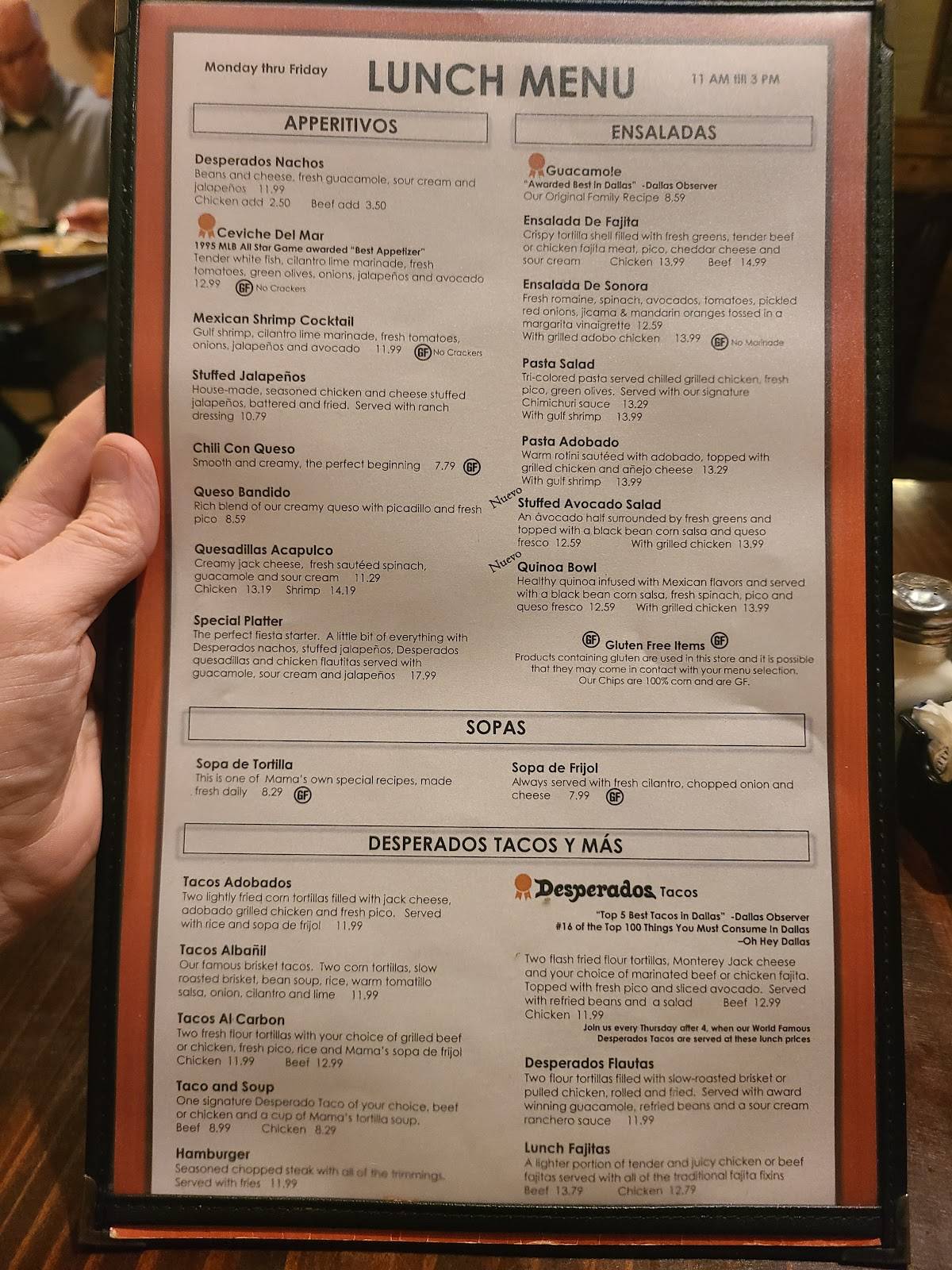 Menu at Desperados Mexican Restaurant, Dallas
