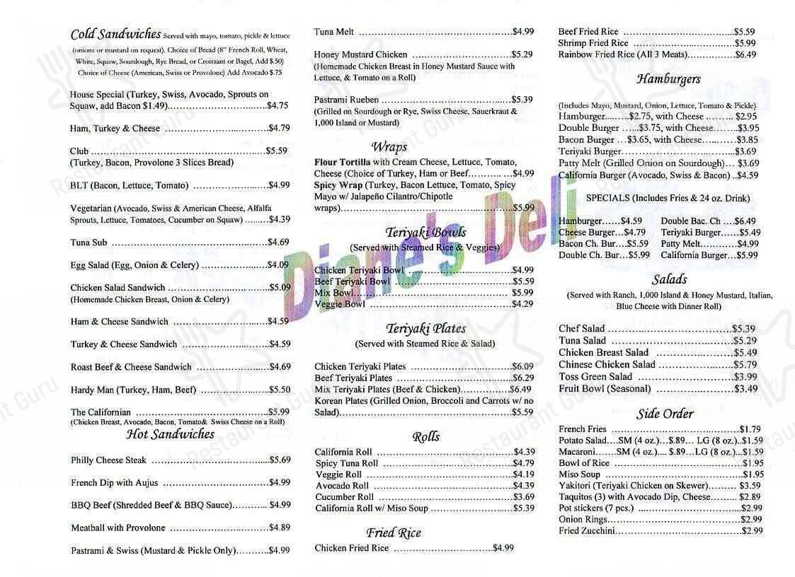 Menu at Diane's Deli restaurant, Riverside, Adams St
